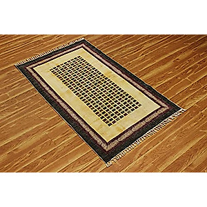 Casavani Hand Block Printed Cotton Dhurrie Geometric Yellow & Brown Area Rug Easy Washable Dhurrie Best Uses For Bedroom,Living Room,Dining Room,Bathroom,Kitchen 3x10 Feet Runner