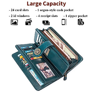 KELEEL Women's RFID Blocking Wallet Genuine Leather Clutch Wallet Card Holder Organizer Ladies Purse (Blue)