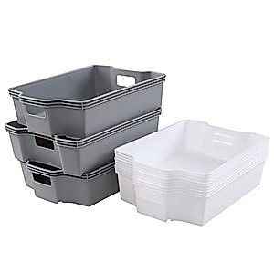 Ramddy 6-pack Plastic Satcking Storage Bin, Shallow Stackable Basket Tray