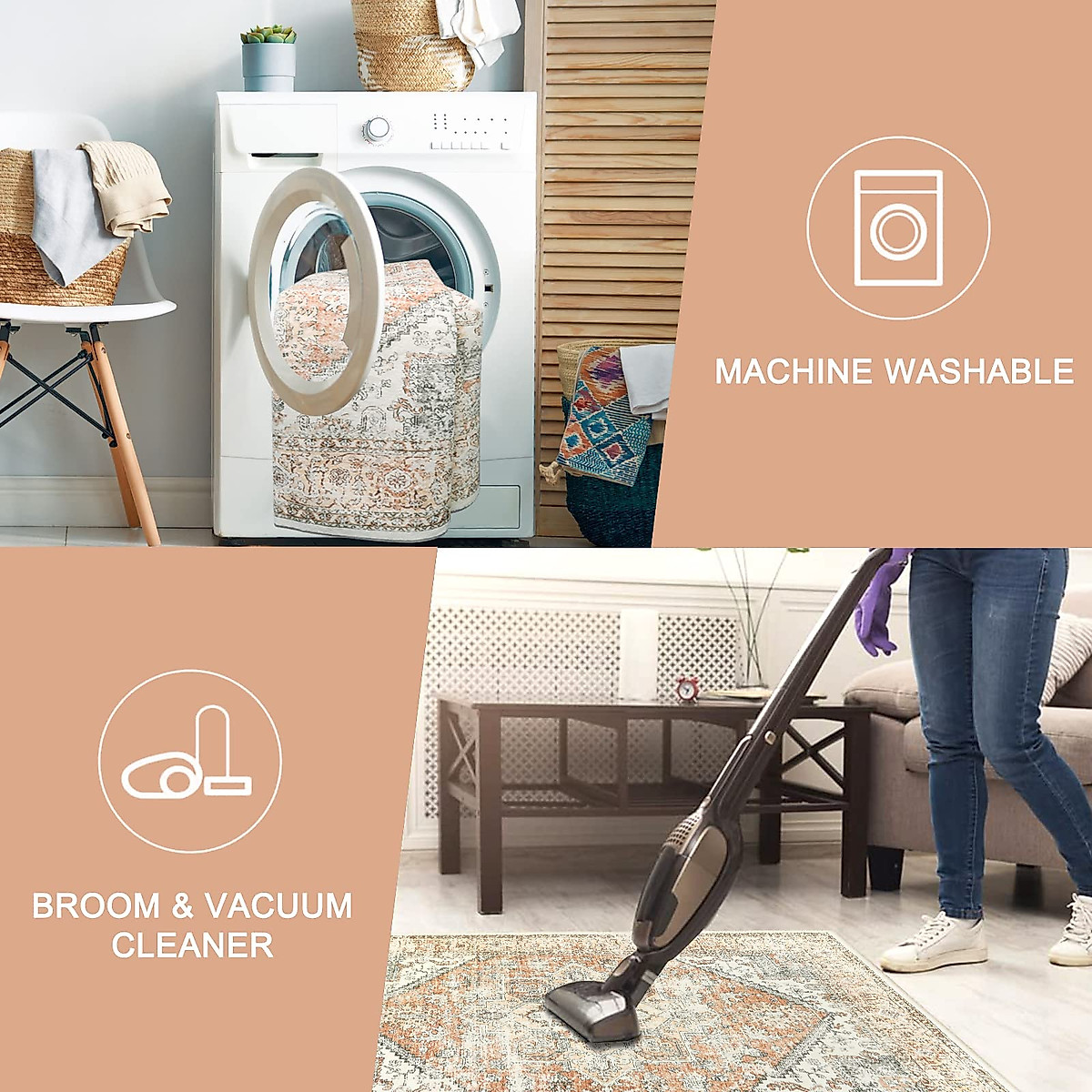 Moespace Washable Area Rug 5x7 ft, Oriental Living Room Rug Boho Nursery Rug for Bedroom, Non-Slip Carpet Print Distressed Retro Entryway Rug for Laundry Dining Room Office Hall, Orange