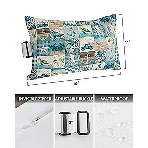 Recliner Head Pillow Ledge Loungers Chair Pillows with Insert Summer Beach Ocean Turtle Starfish Anchor Octopus Navy Blue Lumbar Pillow with Adjustable Strap Patio Cushion for Sofa Bench Couch, 2 PCS