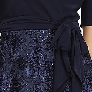 Alex Evenings Women's Tea Length Jersey and Rosette Lace Dress (Petite and Regular), Navy Tie Front, 6