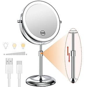 Benbilry Lighted Makeup Mirror with Adjustable Stand, [3 Color Dimmable Lights & 1X/10X Magnification & Type-C Rechargeable] 7" Double Sided Vanity Mirror, 360° Swivel Cordless Standing Mirror Silver