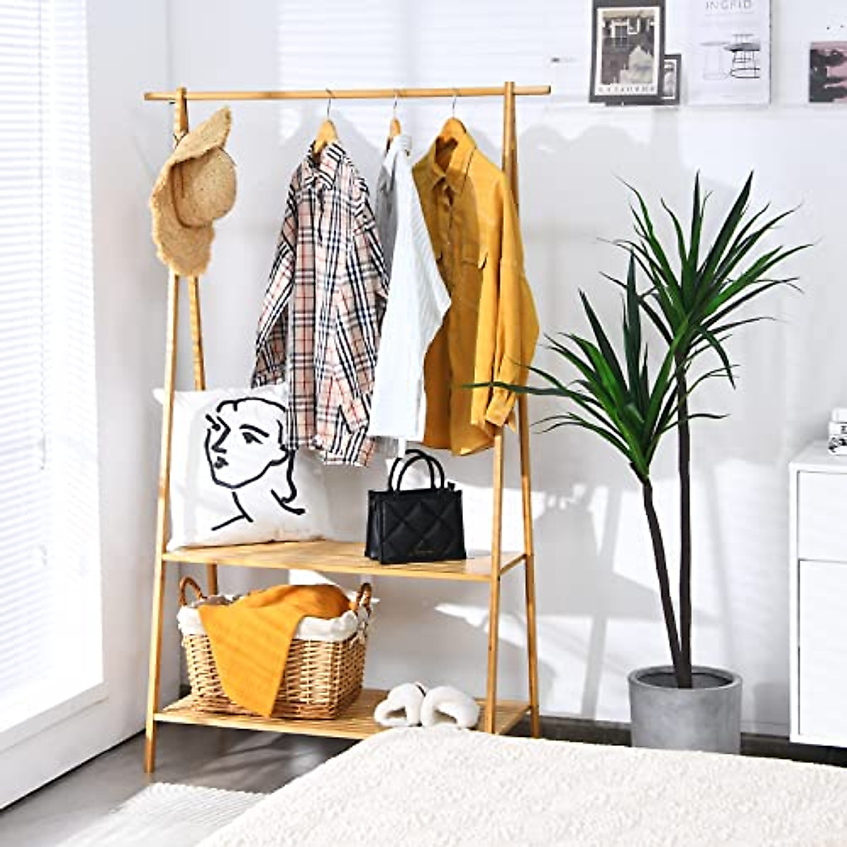 Tangkula Bamboo Garment Rack, Freestanding Clothes Rack with 2-Tier Storage Shelves, Easy Assemble, Space-Saving Clothing Rack for Entryway, Bedroom (Natural)