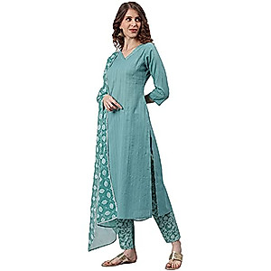 Janasya Women's Blue Cotton Kurta With Pant And Printed Dupatta