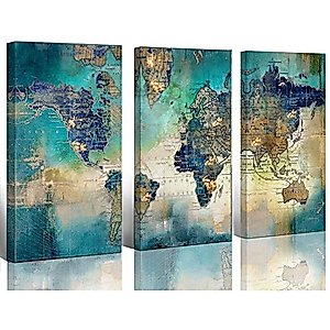 Large World Map Canvas Prints Wall Art for Living Room Office "16x32" 3 Piece Green World Map Picture Artwork Decor for Home Decoration