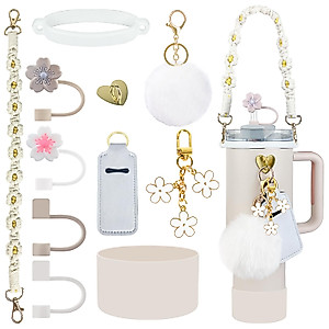 Velaco 11 PCS Cup Accessories for Stanley Cup, Water Bottle Handle Strap for Stanley 30/40 oz tumbler with handle, including Straw Toppers, Silicone Cup Boot, Keychain Charms - White
