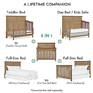 Evolur Andorra 5-in-1 Convertible Crib in Barnwood, Greenguard Gold and JPMA Certified, Made of Hardwood, Easy to Assemble, Wooden Nursery Furniture