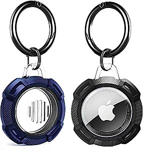 Airtag Holder with Anti-Lost Keychain, 2 Pack Airtag Case for Apple Air Tag with [Anti-Scratch] HD Protective Shell, PC+TPU Full Protective Airtag Accessories for Keys, Backpacks (Black+Blue)
