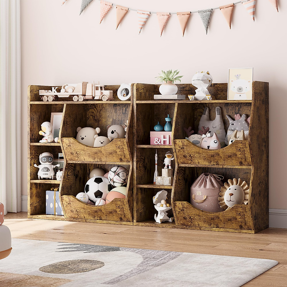 coucheta Rustic Brown 5-Cubby Kids Bookshelf & Playful Bookcase for Boys and Girls, Toy Storage Organizer for Books and Toys, for Kindergarten, Bedroom and Playroom