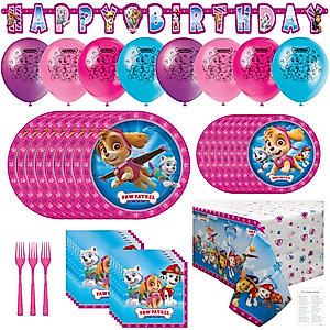 Skye Paw Patrol Birthday Decorations Girl Pack - 16 Guests - Paw Patrol Girl Plates and Napkins, Table Cover, Banner, Balloons, Checklist - Pink Skye Paw Patrol Party Supplies