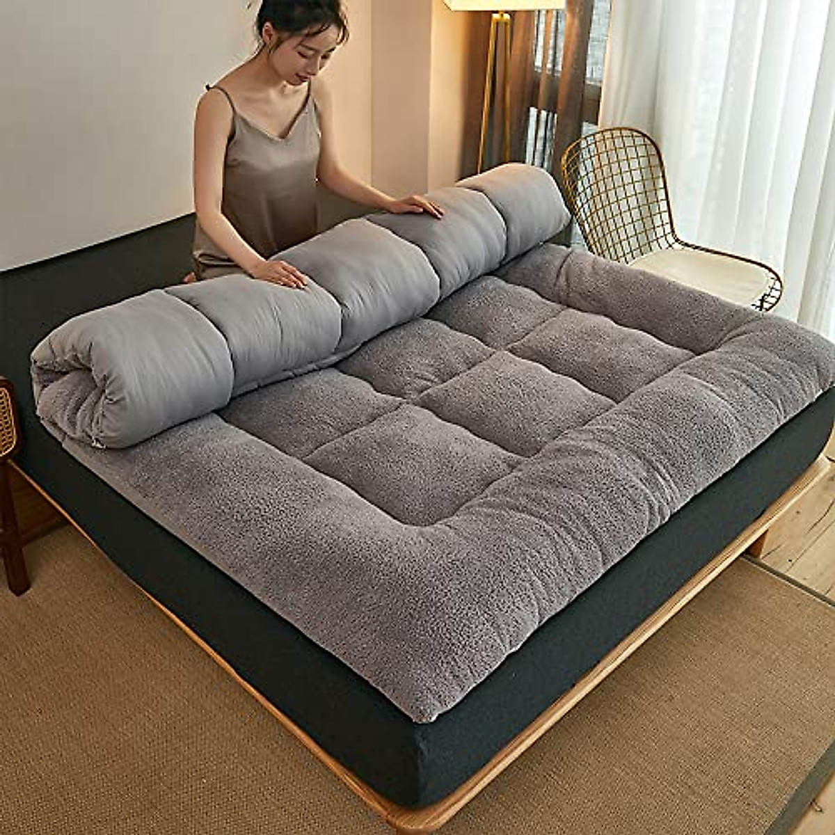 Tatami Mattress Futon Mattress Japanese Foldable Floor Mattress Soft Futon Quilted Bed Mattress Topper Plush Feather Fabric Fiber Mattress Tatami Mat Sleeping Pad,Gray,60x120cm 1.0kg