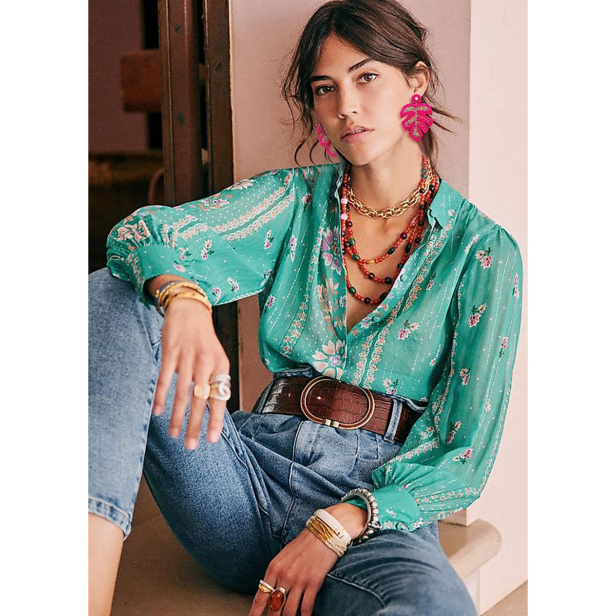 CXCraft Beaded Drop Earrings for Women Statement Rhinestone Palm Leaf Beaded Dangle Earrings Handmade Crystal Tropical Plant Monstera Earrings for Girls Sister Boho Holiday Jewelry, Rose Red