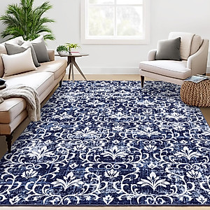GarveeHome Washable Rugs 8x10 Rug for Living Room Boho Vintage Area Rug for Bedroom Indoor Floral Damask Floral Large Rug Soft Non Shedding Stain Resistant Carpet for Dining Room 8'x10' Blue