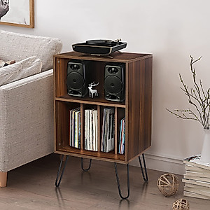 Record Player Stand with Record Storage Vinyl Record Storage Table with Metal Hairpin Legs Turntable Stand Holds Up to 100 Albums for Living Room Bedroom Brown