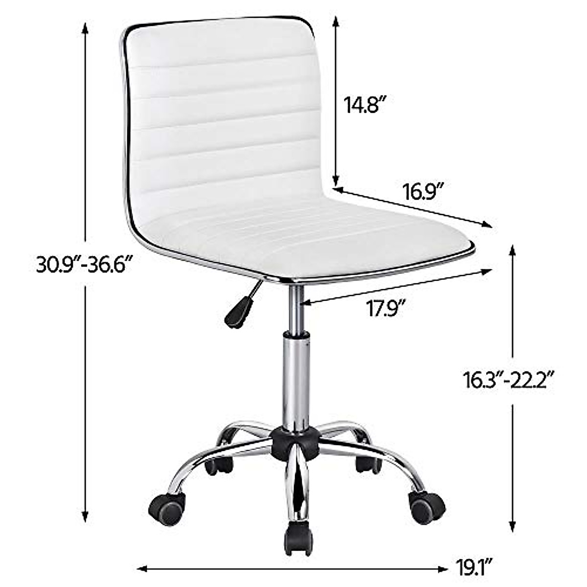 Yaheetech Adjustable Task Chair PU Leather Low Back Ribbed Armless Swivel White Desk Chair Office Chair Wheels
