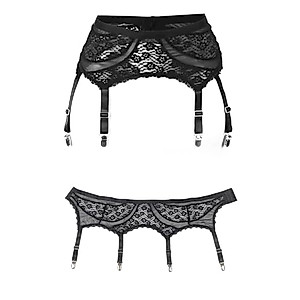 comeondear Lace Garter Belt for Women, High-Waisted Plus Size Garter Belts Set with Black Fishnets Thigh High Stockings and 4 Metal Clip Elastic Suspenders Black XL-2XL