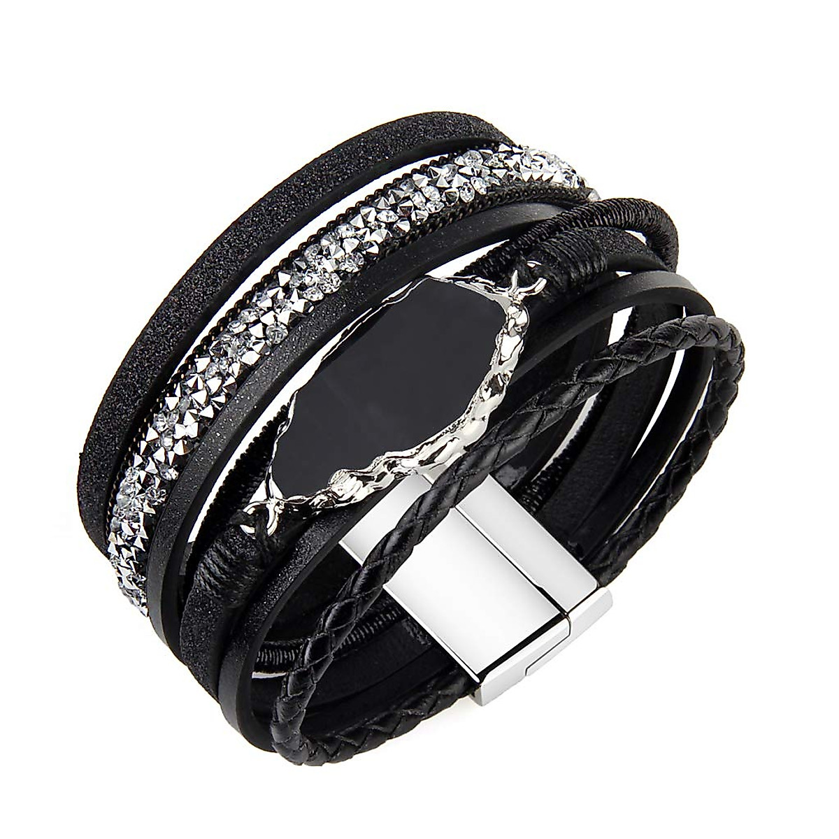 AZORA Leather Cuff Bracelet Multi Rope Wrap Bangle with Pearl Metallic Heart Cuffs Bracelets for Women (Black-cuff bangle bracelets)