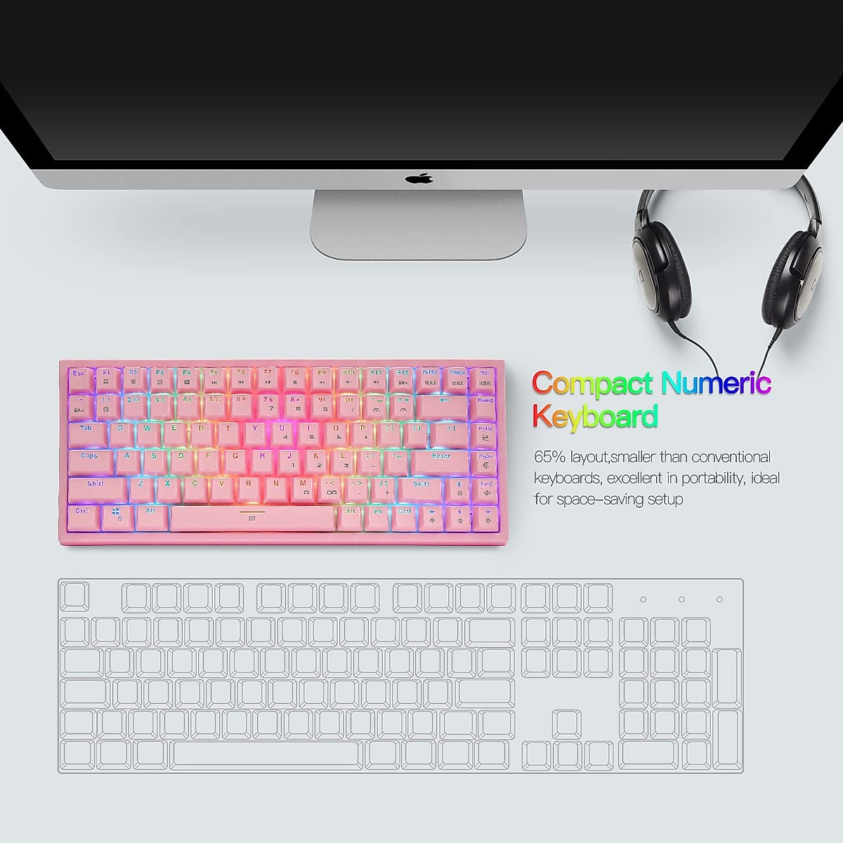 OKKID Mechanical Keyboard 60%, Wired Bluetooth Gaming Keyboard, Red Switches, RGB Backlight, CQ84 Wired Keyboard, 84 Keys, for Windows PC, Mac,Smartphone