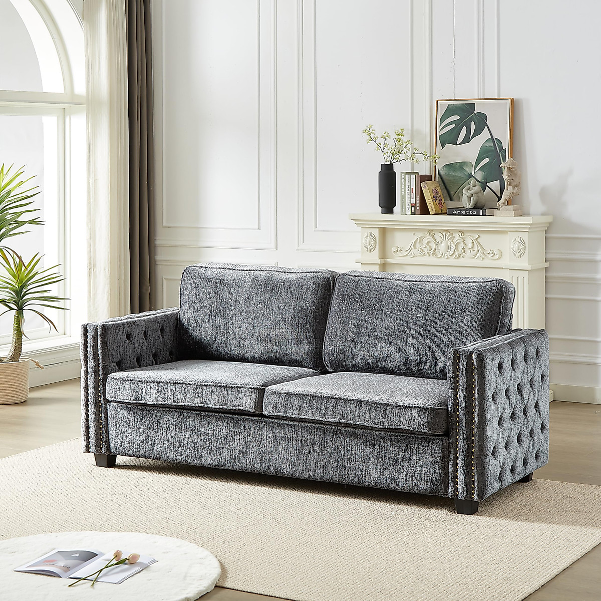 SmartEdge Pull Out Sofa Bed, 2-in-1 Convertible Full Sleeper Sofa Couch with Memory Foam Mattress, Chenille Upholstered Loveseat 3 Seater Full Sofabed Couches for Living Room, Apartment, Grey