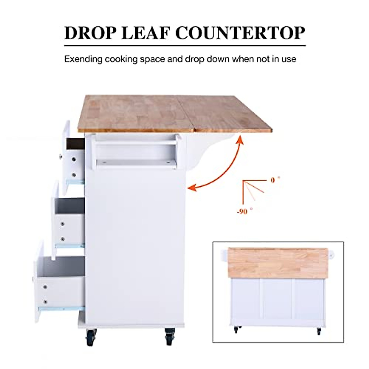 Kitchen Island Cart on Wheels - Portable Kitchen Island with Drop Leaf, Rolling Kitchen Island with Storage