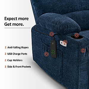 MCombo Power Lift Recliner Chair Sofa with Massage and Heat for Big Elderly People, USB Ports, Side Pockets, Fabric R7096 (Medium-Wide, Navy Blue)