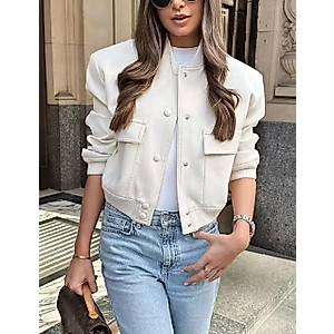 Lumister Women's Fashion Cropped Button Down Lightweight Cropped Bomber Jacket Varsity Shacket with Side Pockets(0605-Beige-M)