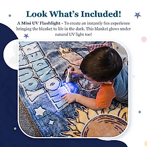 Glow in The Dark Blanket - Super-Sized 59"X71" Plush Space Blanket for Kids & Teens w/Mini UV Flashlight- Soft Thick Polyester Blankets w/Words of Affirmation - Fluffy Kids Blanket for Boys & Girls
