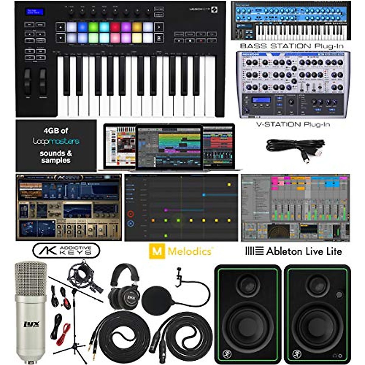Novation Launchkey 25 MK3 USB MIDI Keyboard 25 Keys Controller with Software Pack of Ableton Live Lite and 4 GB of Loopmasters Sounds & Samples w/Mackie CR3-X Pair Studio Monitors & Instrument Cables
