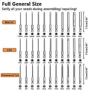 MulWark Hex Head Allen Wrench Drill Bit Set 33pcs (11pc Metric, 11pc SAE, 11pc Tamperproof Torx), 2.3" Long 1/4" Diameter Quick Release Shank Magnetic Screwdriver Bit Set for Assembling Furniture