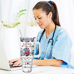 qoepfnsh Nurse Tumbler 40 oz Tumbler with Handle Christian Nurse Travel Coffee Mug Nurse Cup Stainless Steel Insulated 40oz Tumblers with Lid and Straw Nurse Gifts for Women