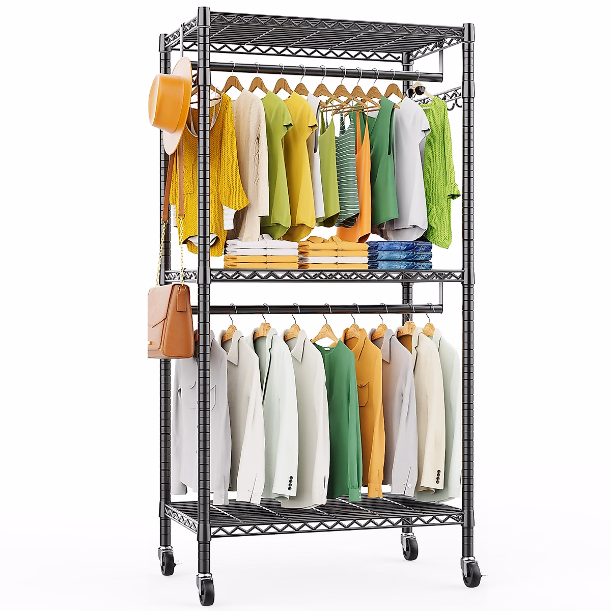 LEHOM G1M Heavy Duty Clothes Rack, 3 Tiers Rolling Garment Rack for Hanging Clothes, Adjustable Wire Clothing Rack with Storage Shelves, Lockable Wheels Freestanding Closet Wardrobe for Bedroom