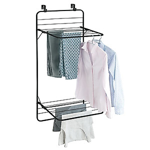mDesign Steel Collapsible Over The Door, Hanging Laundry Dry Rack Clothes Organizer, 2 Tiers - for Indoor Air-Drying Clothing, Towels, Lingerie, Hosiery, Delicates - Folds Compact - Black