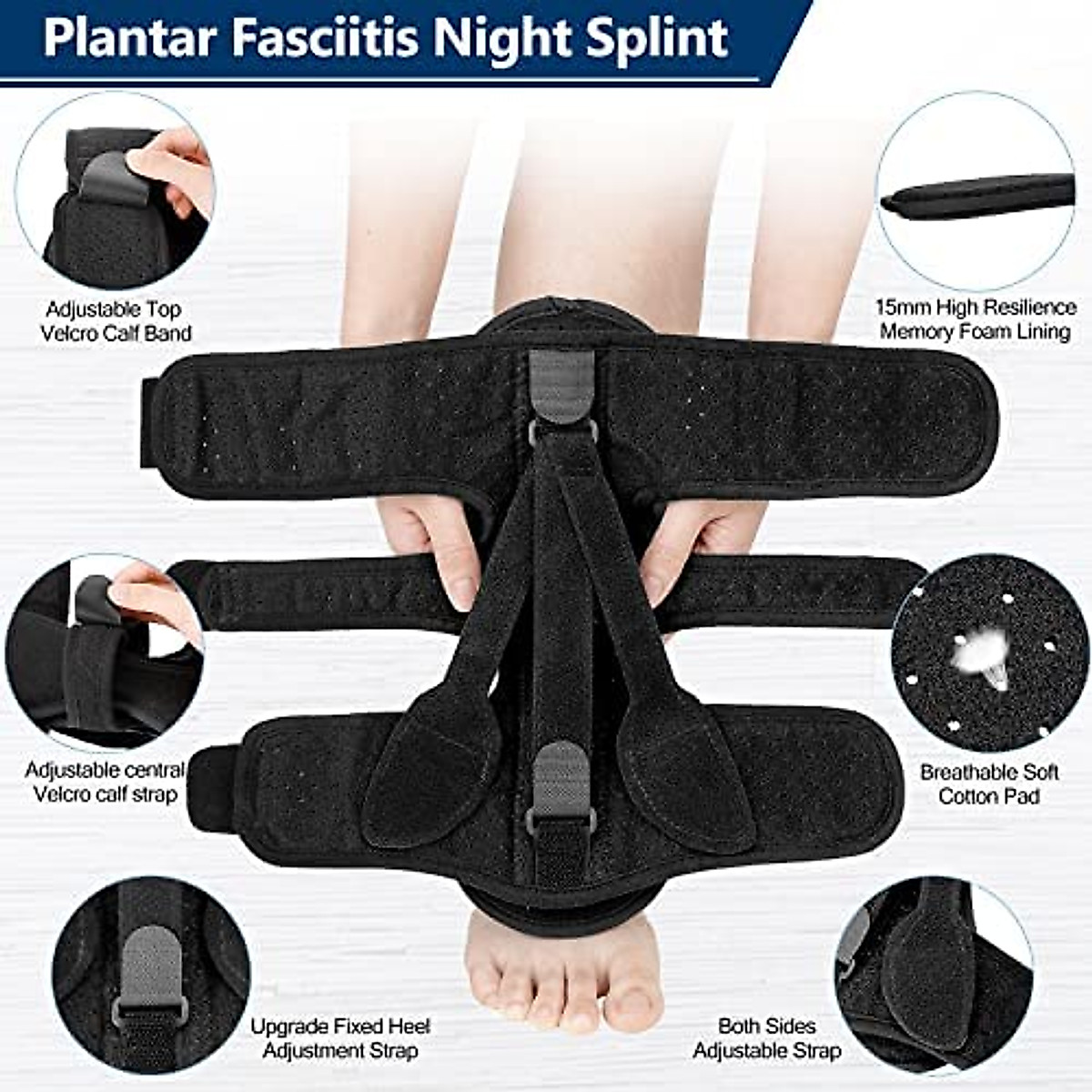 IKUSELY Upgrade Plantar Fasciitis Night Splint, Plantar Fasciitis Relief Brace, 3 Adjustable Straps Plantar Fasciitis Night Splint Relief Plantar Fasciitis, Foot Drop, Achilles Tendonitis, Day&Night (Black) (Black)