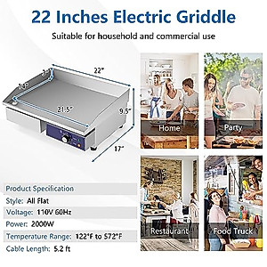 KOTEK Commercial Electric Griddle, 2000W 22” Flat Top Griddle, Stainless Steel Frame & Drip Tray, Adjustable Temperature Control 122℉-572℉, Countertop Teppanyaki Grill for Home, Kitchen, Restaurant
