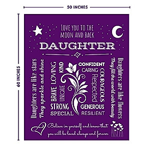 FILO ESTILO Daughter Birthday Gift from Mom, Dad or Both Parents, Daughter Blanket Filled with Words of Encouragement, Daughter Gifts from Mother or Father, Throw 60x50 Inches (Purple)