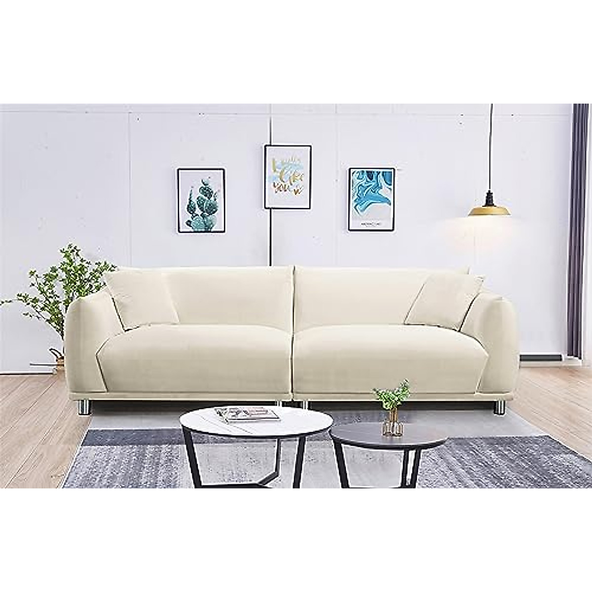 Container Furniture Direct Stylish and Luxurious Velvet Sofa with Modern Corner Design, Living Room Furniture with Minimalist Vibes, Two Accent Pillows Included, Cream White