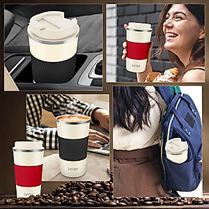 KETIEE 12oz Travel Mug: Vacuum Insulated Coffee Cup with Leakproof Lid, Travel Coffee Mug Stainless Steel Double Walled Reusable Coffee Cup for Hot and Cold Water Coffee (Beige)