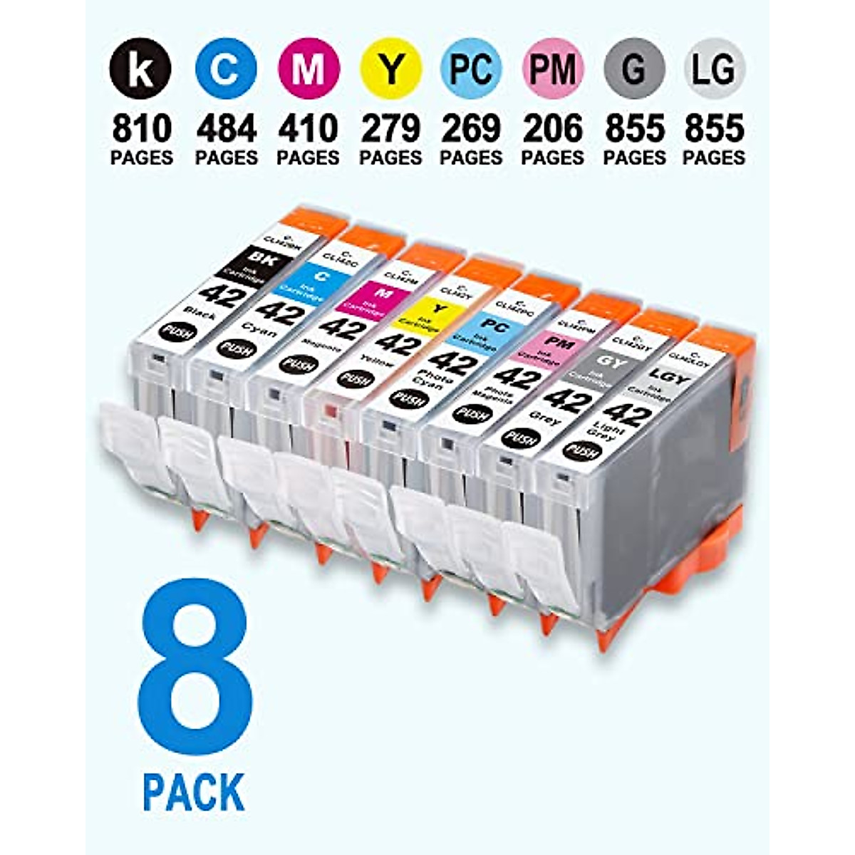 Compatible CLI-42 Ink Cartridges Replacement for Canon CLI-42 CLI42 Pixma PRO-100 Ink Work for Pixma Pro100 Printer, (8 Combo Pack, C42BK C42C C42M C42Y C42PC C42PM C42GY C42LGY)