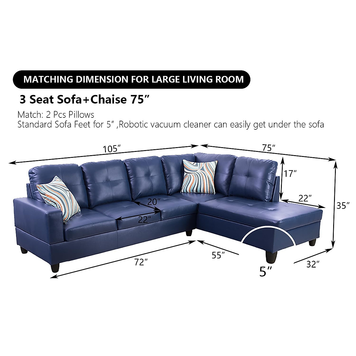 SIENWIEY Sectional Couch for Living Room Furniture Sets, Blue Leather Sectional Sofa L Shape Couch Faux Leather Living Room Sofa Using for Living Room Apartment(Blue,Facing Right Chaise)