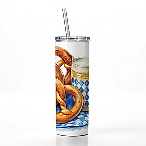 Oktoberfest German Pretzels Watercolor Skinny Tumbler 20oz with Straw Insulated Water Bottle Gift