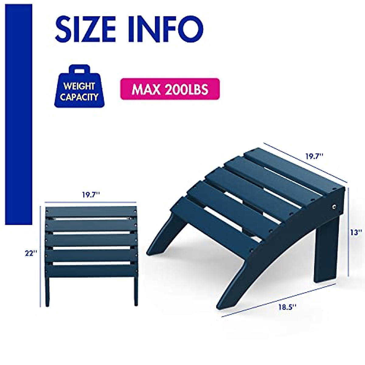 BRIOPAWS Folding Adirondack Ottoman, 19.7W x 18.5L x 13H Inch, HDPE All Weather Adirondack Chair Footrest, Plastic Footstool for Deck Backyard Patio Outdoor Poolside Porch Lawn Indoor, Blue