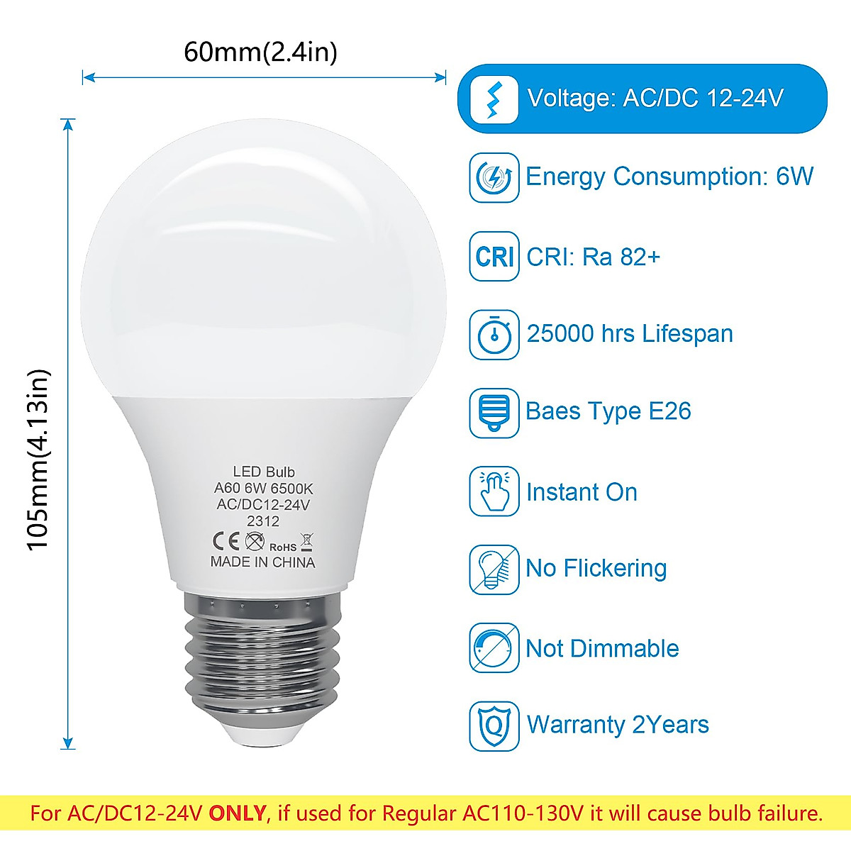 ORALUCE 12V LED Light Bulb Low Voltage,AC/DC 12-24V A19 E26 LED Bulb 60 Watt,6500K Cool White 12 Volt Light Bulb 6W,for Solar Battery System Lighting Marine Boat RV Camping Landscape Garden,6P
