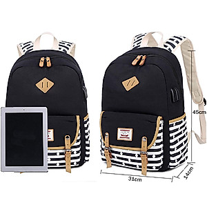 BAGTOP School Canvas Backpack Set - 15" Laptop Backpack with USB Charger Port Travel Daypack Bookbag + Drawstring Backpack + Purse/Clutch Pouch(Black-4)