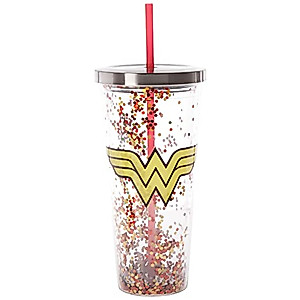 Spoontiques - Glitter Filled Acrylic Tumbler - Glitter Cup with Straw - 20 oz - Stainless Steel Locking Lid with Straw - Double Wall Insulated - BPA Free - Wonder Woman - Red & Gold