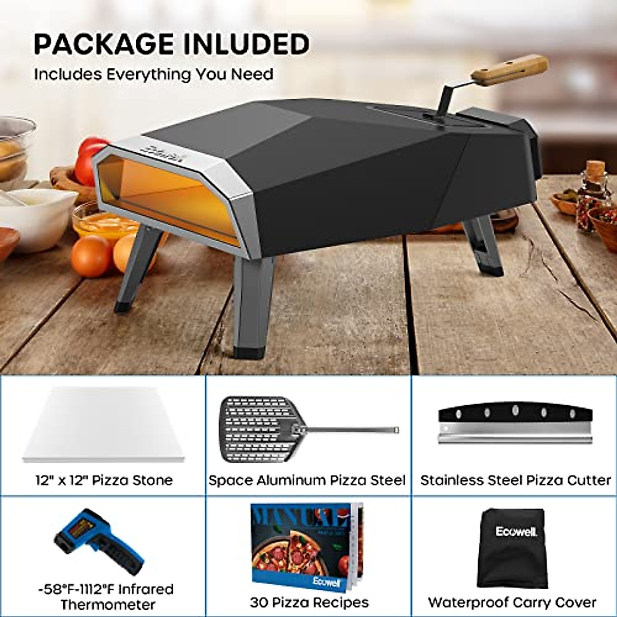 Ecowell EPO12L Outdoor Wood Fired-12 Outside, Pellet Oven with Pizza Stone/Peel/Cutter, Infrared Thermometer and Portable Cover, Black