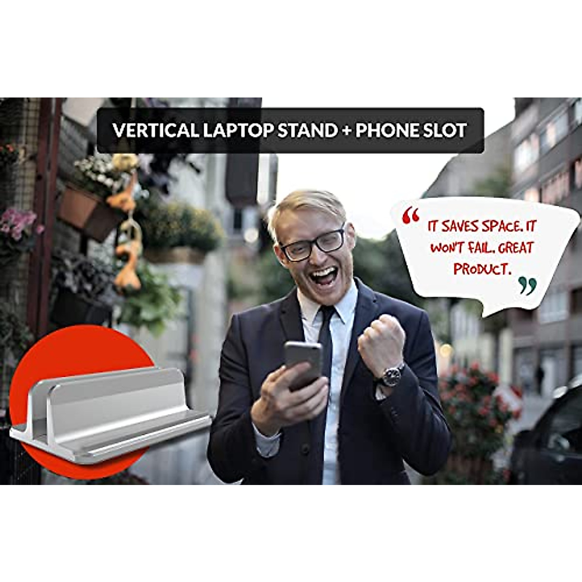 Vertical Laptop Stand with New Smart Phone Slot; Solid Upright MacBook Storage Saves Desk Space; Strong Aluminum Adjustable Rack with Powerful, Never Fail Hold