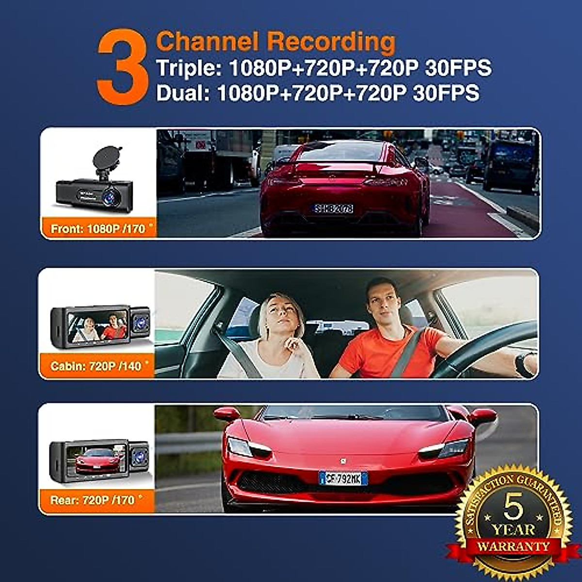 SPADE 3 Channel Dash Cam Front and Rear Inside, 1080P Full HD Dash Camera for Cars, Free 32GB SD Card, 170° Wide Angle, 3.16”IPS Screen, Night Vision, WDR, 24H Parking Mode