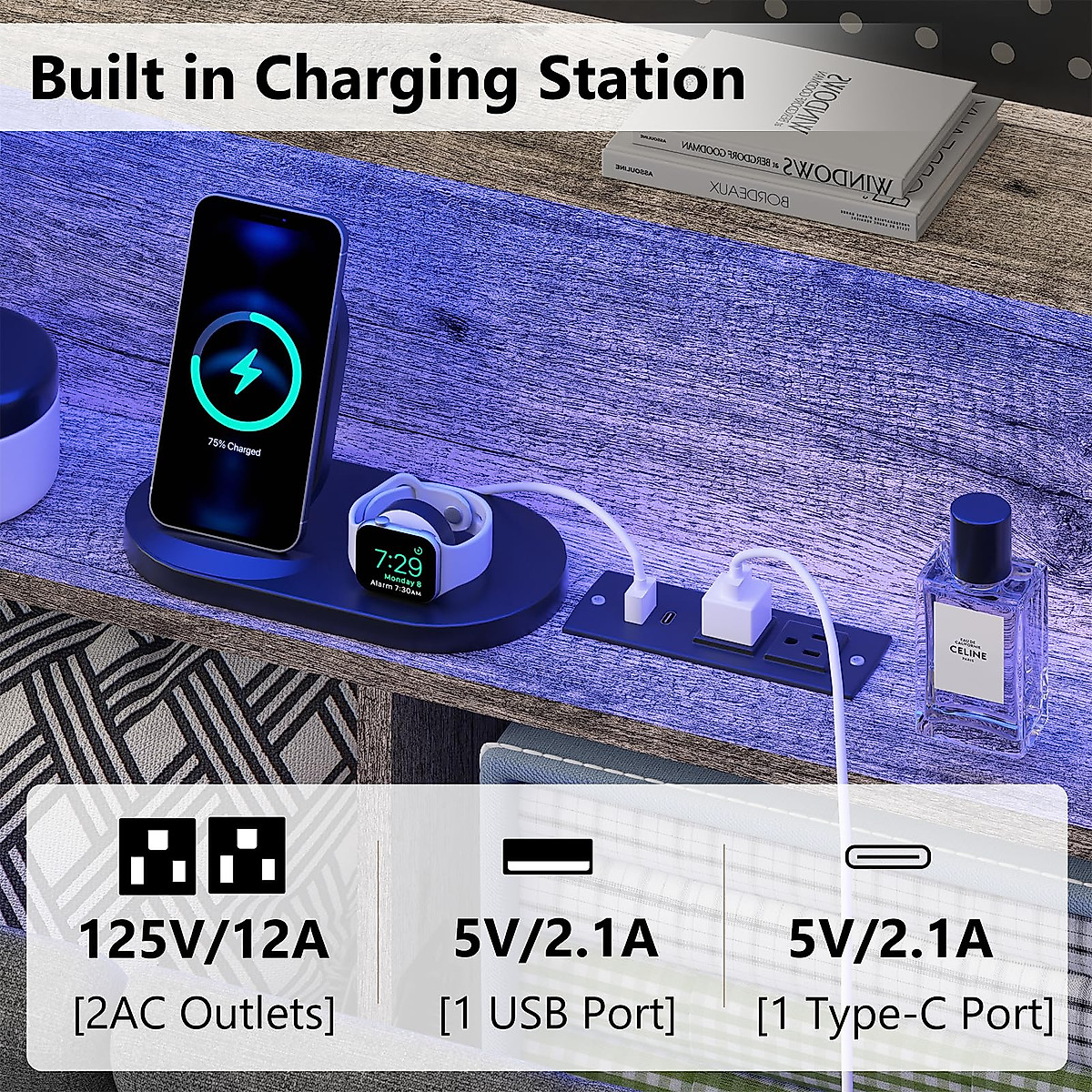 Dnxao King Size Bed Frame and Bookcase Storage Headboard, LED Upholstered Bed Frame King with Charging Station, Light up King Size Platform Metal Bed Frame, No Box Spring Needed, Charcoal Gray