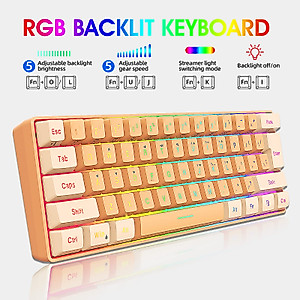 Snpurdiri 60% Wired Gaming Keyboard, RGB Backlit Ultra-Compact Mini Keyboard, Waterproof Mini Compact 61 Keys Keyboard for PC/Mac Gamer, Typist, Travel (Cream and Orange)